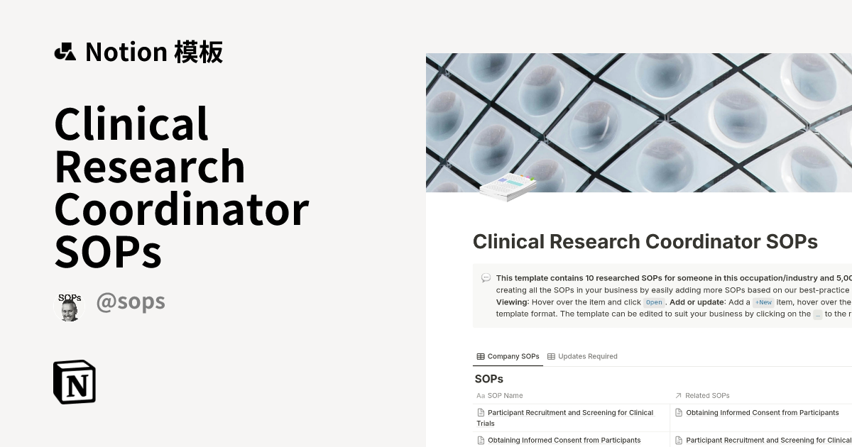 来自 SOPs 的 Clinical Research Coordinator SOPs 模板｜Notion市集