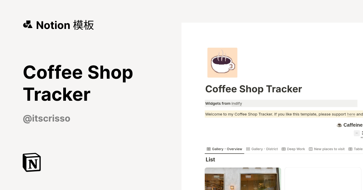 来自 ItsCrisso 的 Coffee Shop Tracker 模板｜Notion市集
