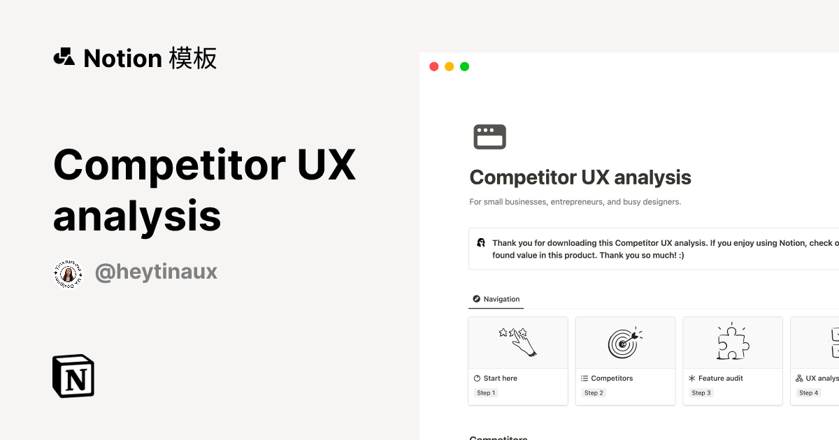 来自 Tina Iurkova 的 Competitor UX analysis 模板｜Notion市集