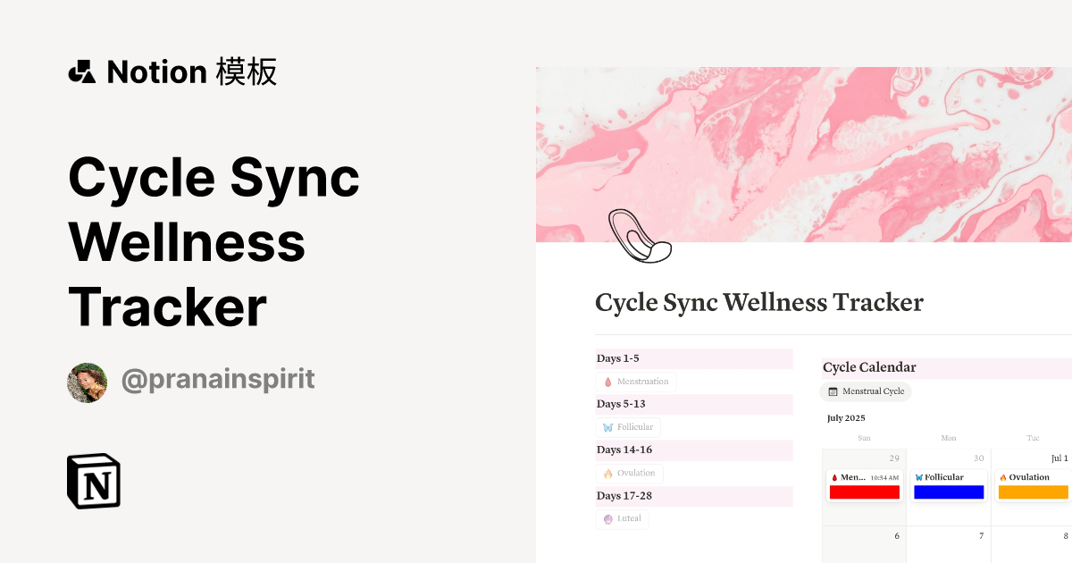 来自 Pranainspirit 的 Cycle Sync Wellness Tracker 模板｜Notion市集