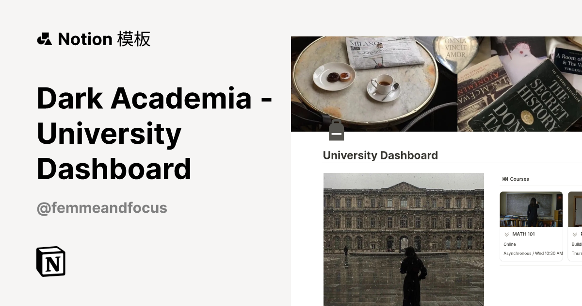 来自 FemmeAndFocus 的 Dark Academia - University Dashboard 模板｜Notion市集