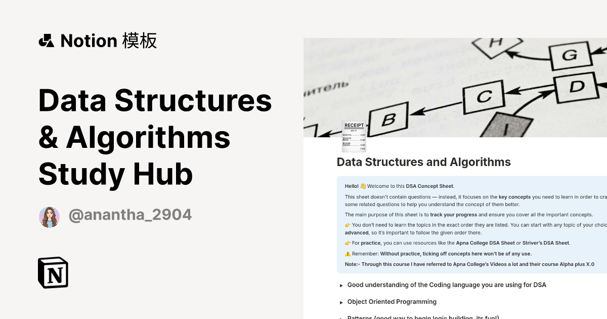 来自 Anantha Hothri 的 Data Structures & Algorithms Study Hub 模板｜Notion市集