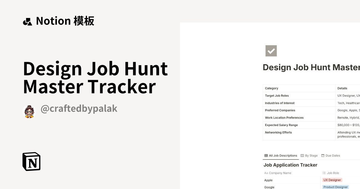 来自 craftedbypalak 的 Design Job Hunt Master Tracker 模板｜Notion市集