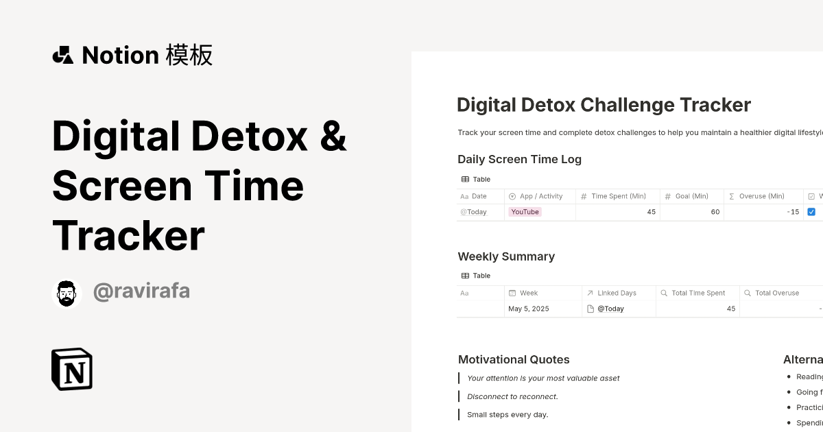 Digital Detox & Screen Time Tracker 模板 | Notion 市集