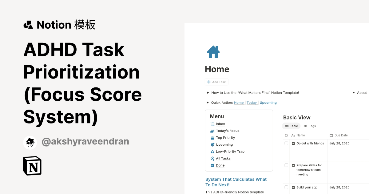 来自 Akshay Raveendran 的 ADHD Task Prioritization (Focus Score System) 模板 ...