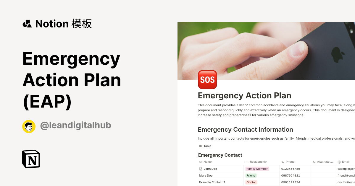 来自 Lean Digital Hub 的 Emergency Action Plan (EAP) 模板｜Notion市集