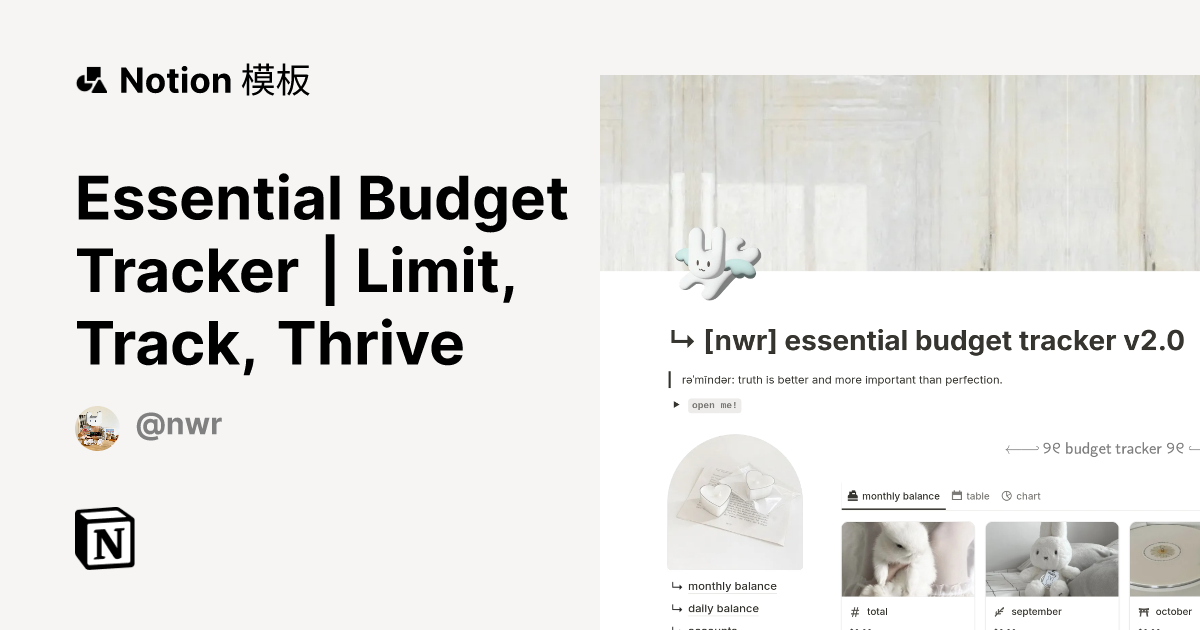 来自 nwr 的 Essential Budget Tracker | Limit, Track, Thrive 模板｜Notion市集