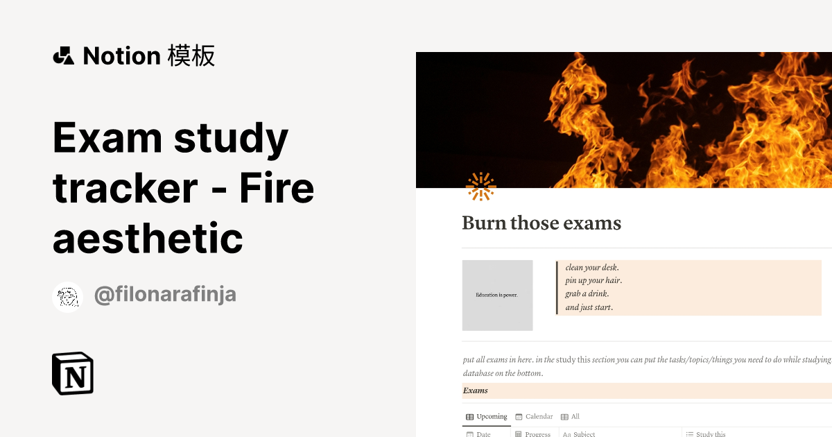 Exam study tracker - Fire aesthetic 模板 | Notion 市集
