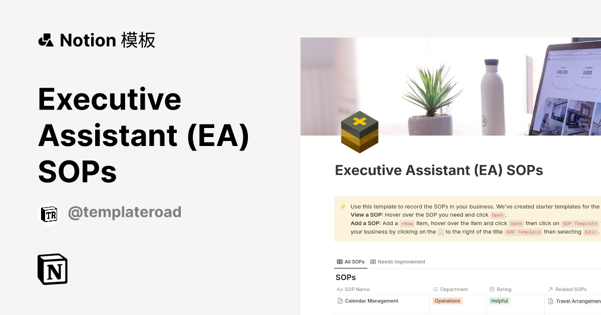 来自 Template Road 的 Executive Assistant (EA) SOPs 模板｜Notion市集