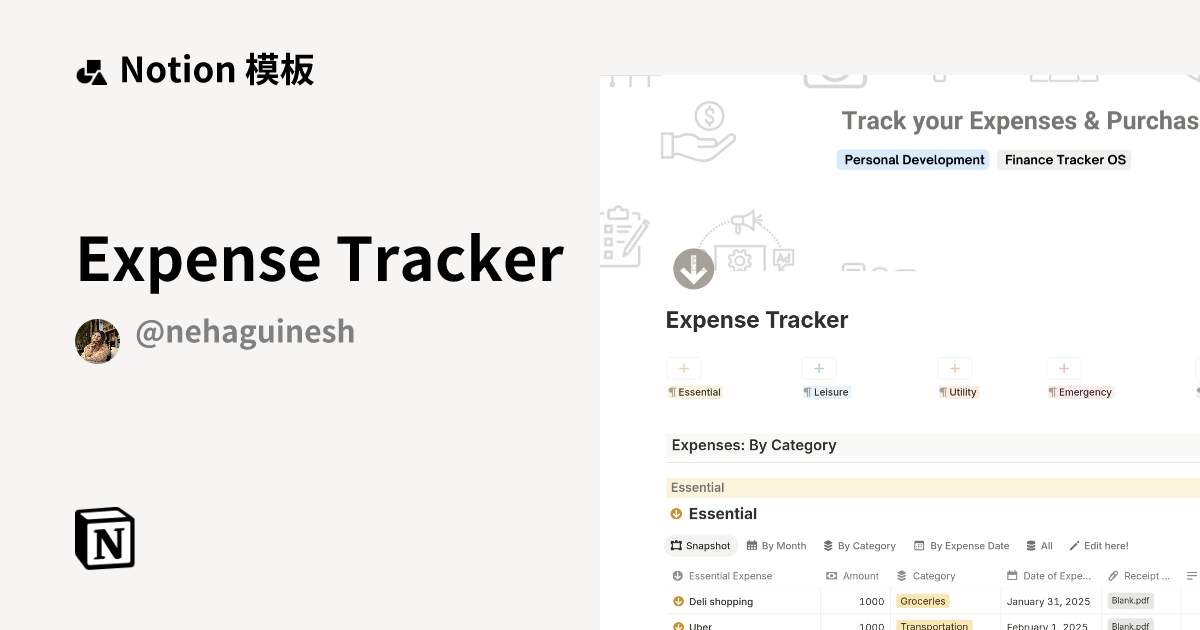 来自 Neha Guinesh 的 Expense Tracker 模板｜Notion市集