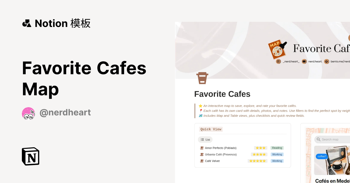 来自 Nerd Heart 的 Favorite Cafes Map 模板｜Notion市集