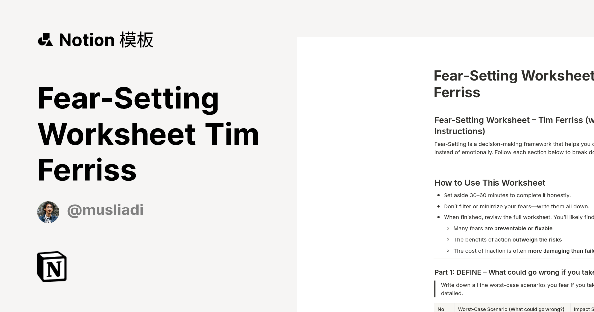 Fear-Setting Worksheet Tim Ferriss 模板 | Notion 市集