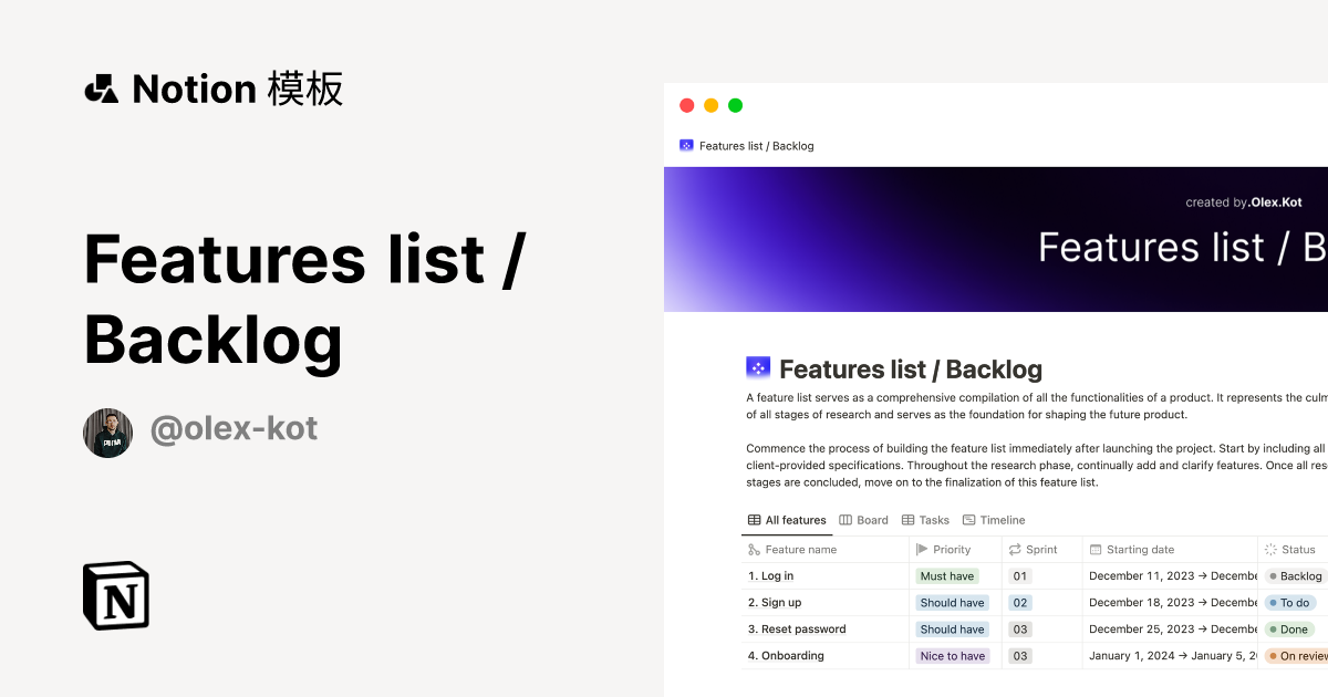来自 Olex. Kot 的 Features list / Backlog 模板｜Notion市集