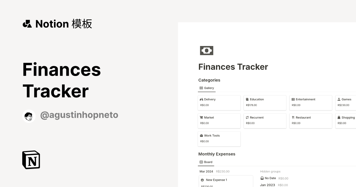来自 Agustinho Neto 的 Finances Tracker 模板｜Notion市集