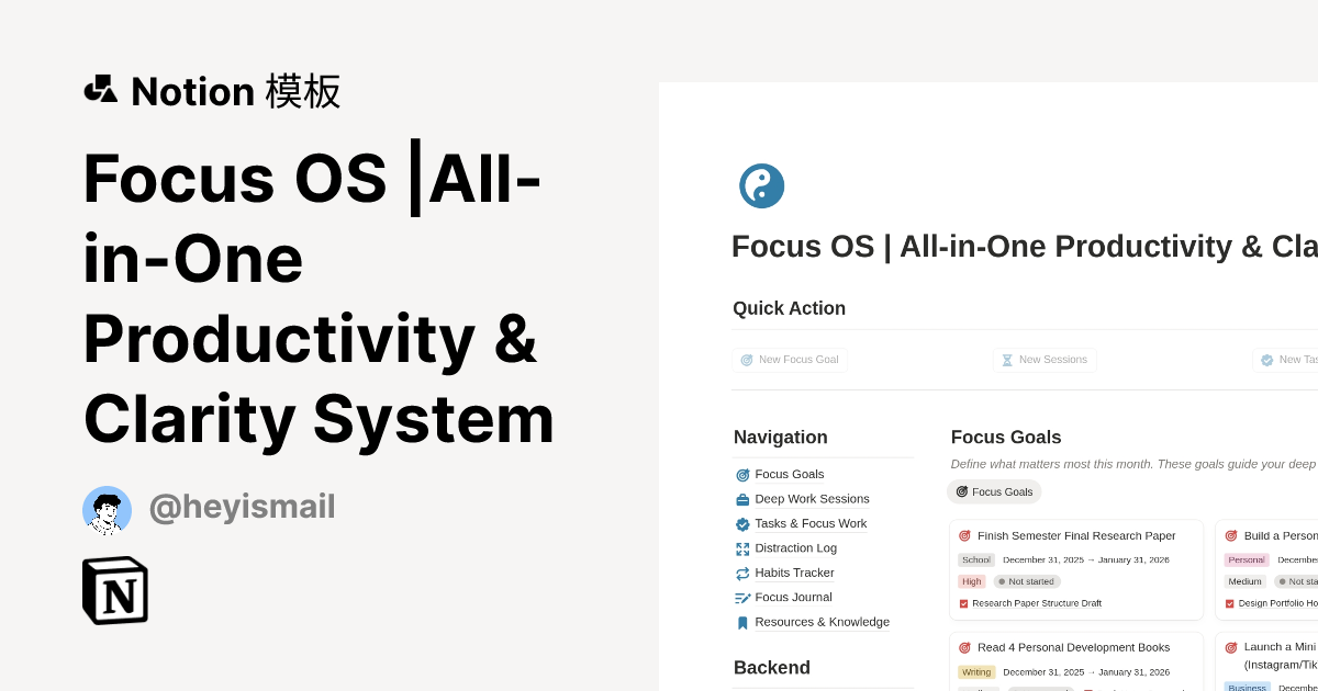 来自 heyismail 的 Focus OS |All-in-One Productivity & Clarity System 模板 ...