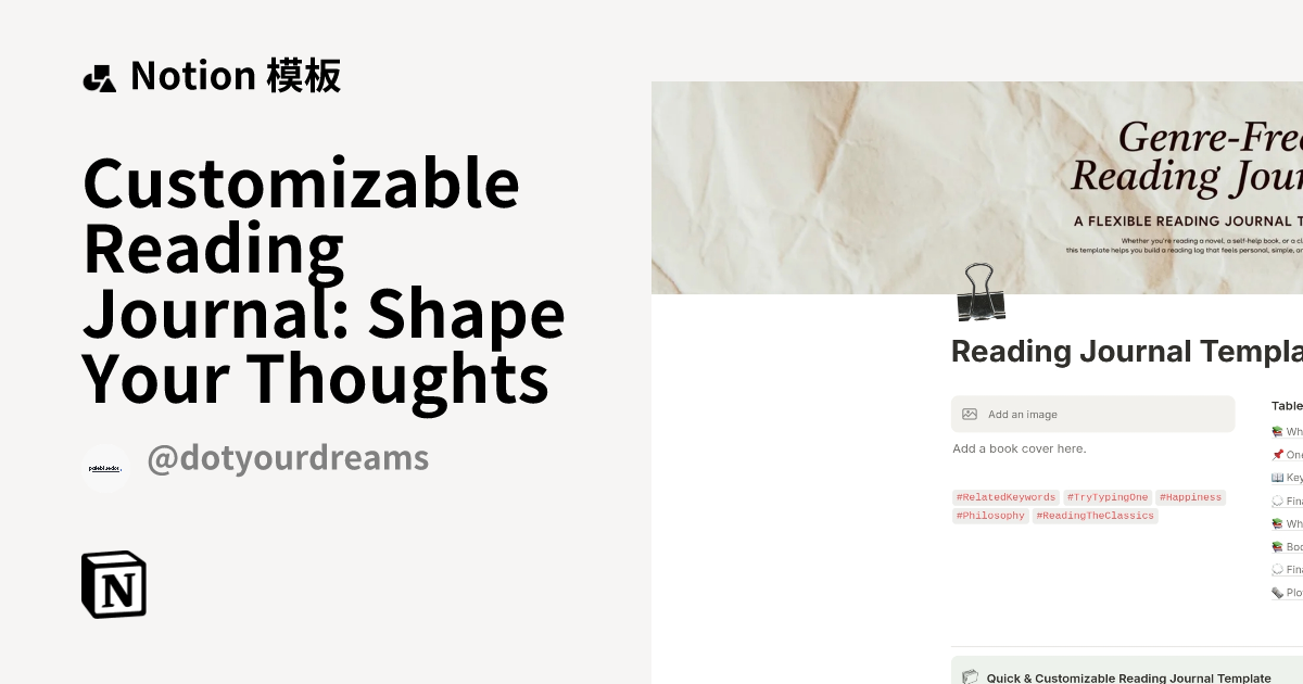 Customizable Reading Journal: Shape Your Thoughts 模板 | Notion 市集