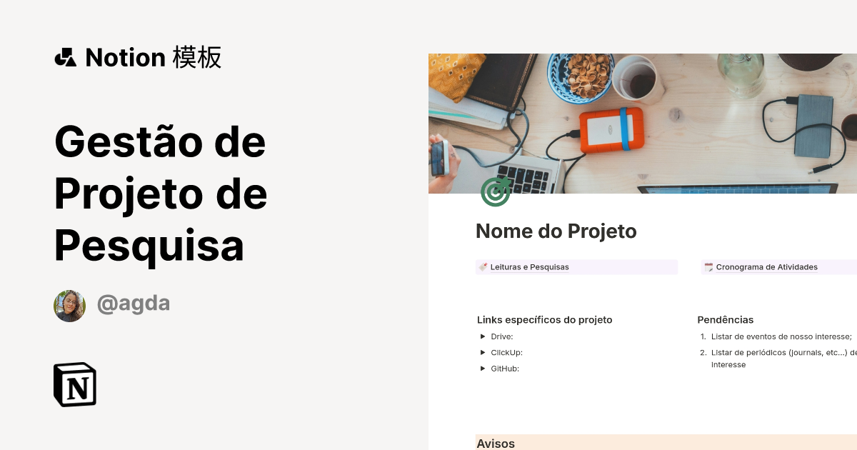 来自 Agda Silva 的 Gestão de Projeto de Pesquisa 模板｜Notion市集