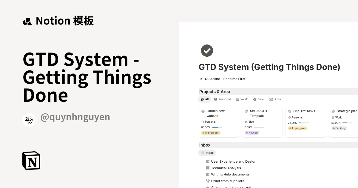 来自 Quynh Nguyen 的 GTD System - Getting Things Done 模板｜Notion市集