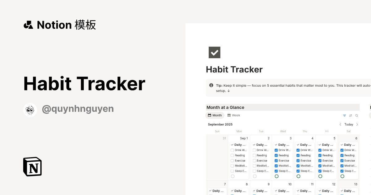 来自 Quynh Nguyen 的 Habit Tracker 模板｜Notion市集
