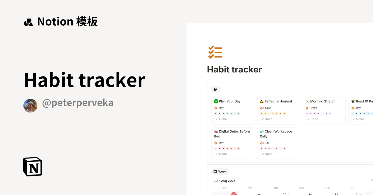 来自 Peter Perveka 的 Habit tracker 模板｜Notion市集