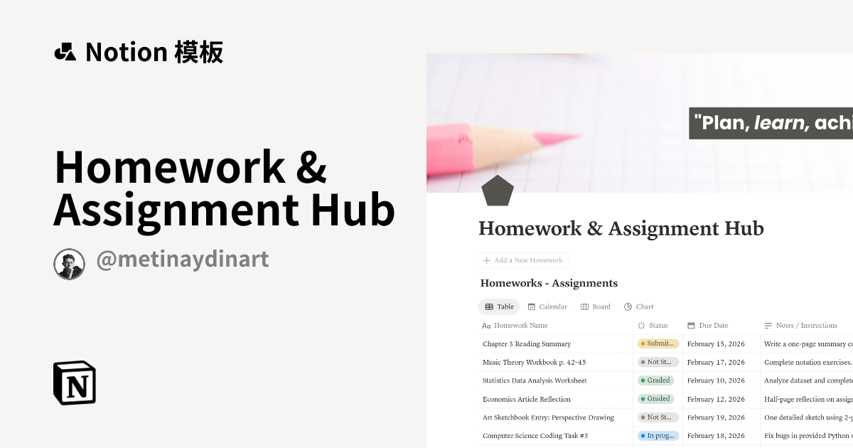 来自 Metin Aydın 的 Homework & Assignment Hub 模板｜Notion市集