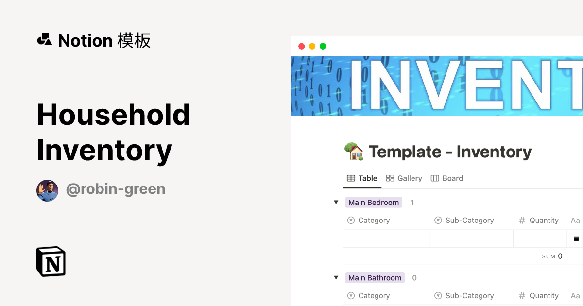 来自 Robin Green 的 Household Inventory 模板｜Notion市集