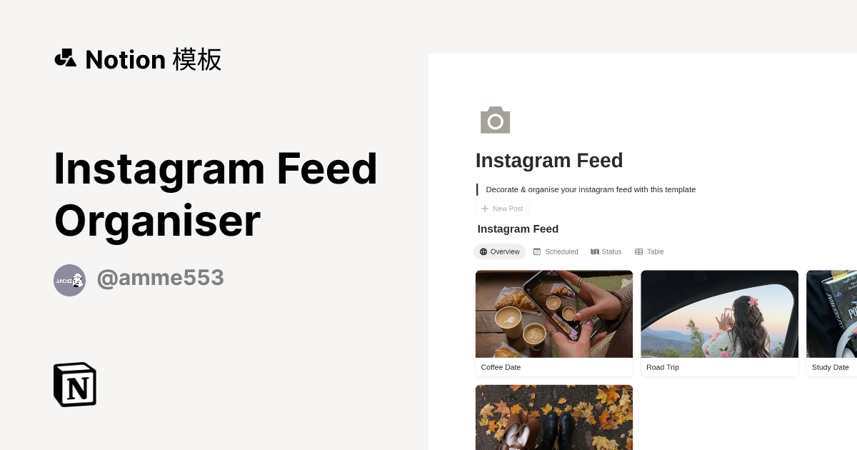 来自 Amme 的 Instagram Feed Organiser 模板｜Notion市集