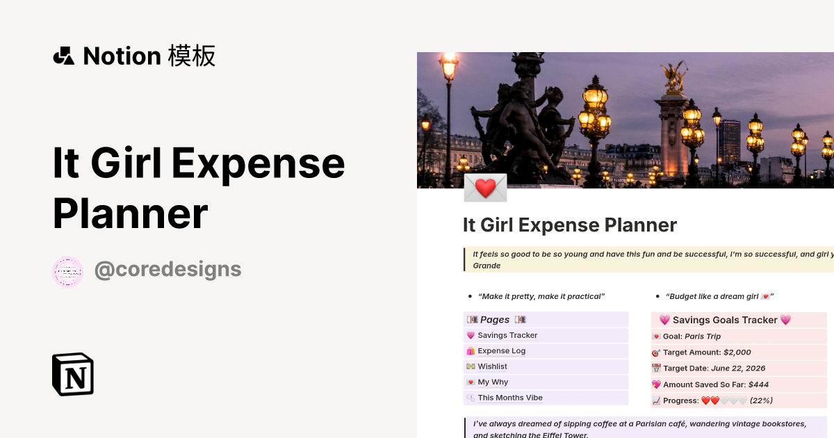 来自 CORE DESIGNS 的 It Girl Expense Planner 模板｜Notion市集
