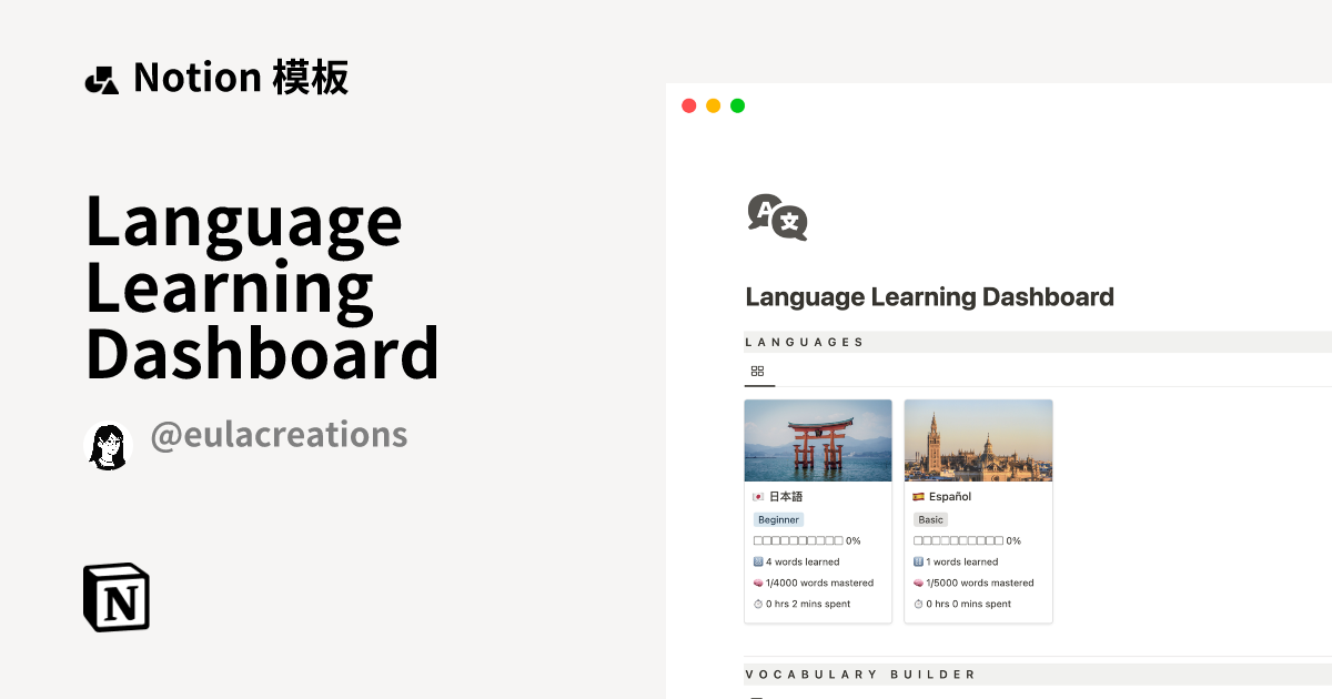 来自 Eula 的 Language Learning Dashboard 模板｜Notion市集