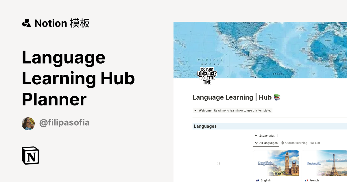 来自 Filipa Sofia 🌼 ADHD | Life | Organization 的 Language Learning Hub Planner 模板｜Notion市集