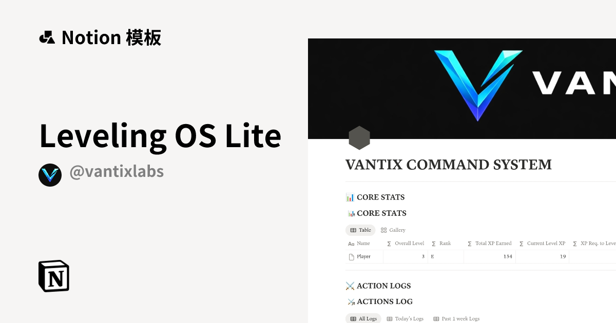 来自 Vantix 的 Leveling OS Lite (Vantix) 模板｜Notion市集