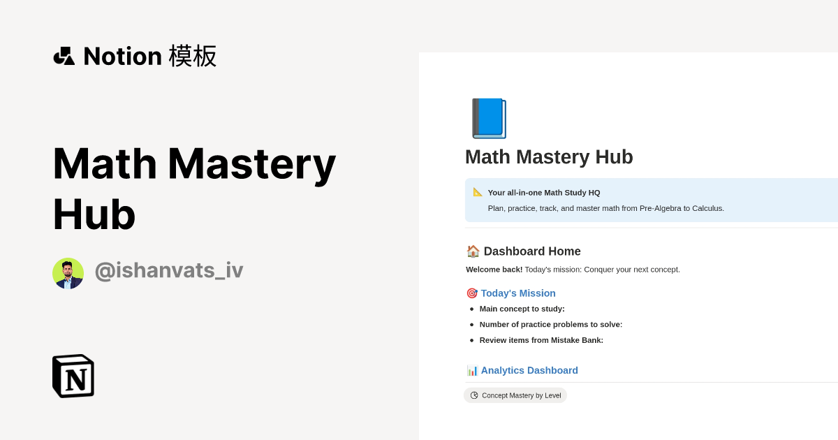 来自 Ishan Vats 的 Math Mastery Hub 模板｜Notion市集