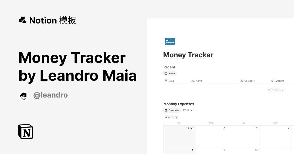 Money Tracker by Leandro Maia 模板 | Notion 市集