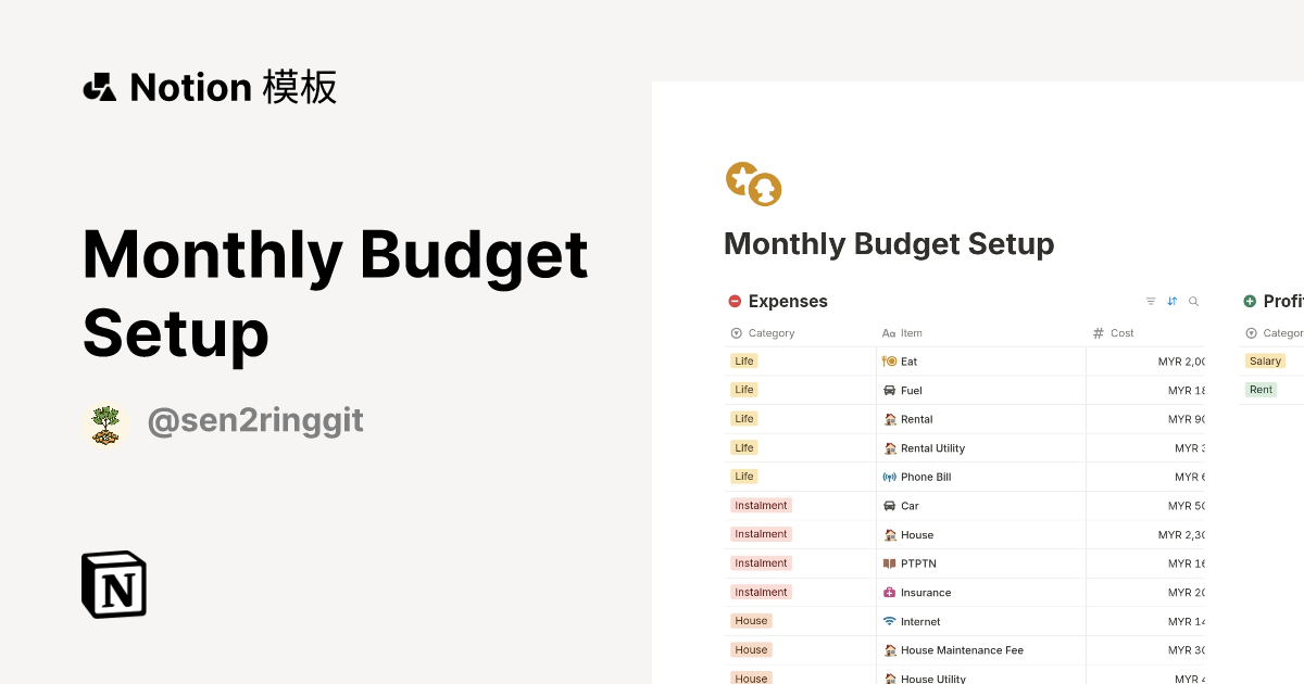 Monthly Budget Setup 模板 | Notion 市集