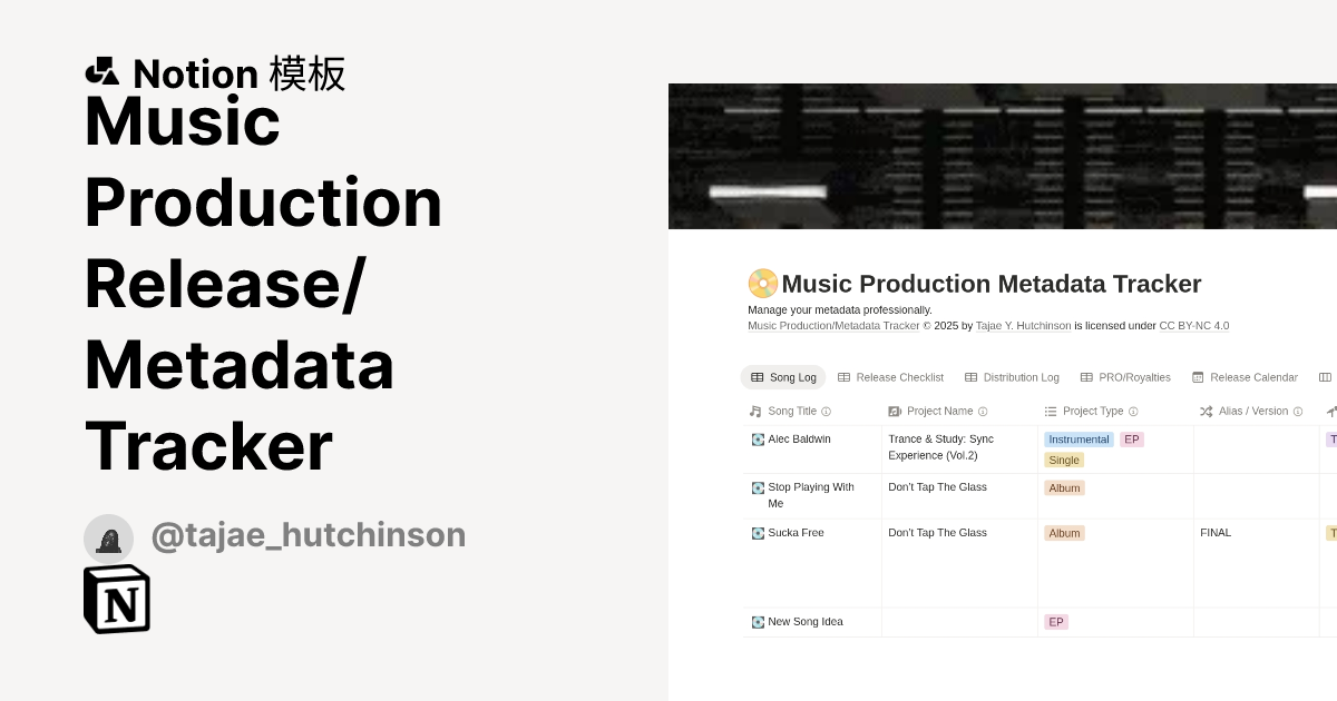 来自 Tajae Y. Hutchinson 的 Music Production Release/Metadata Tracker 模板 ...