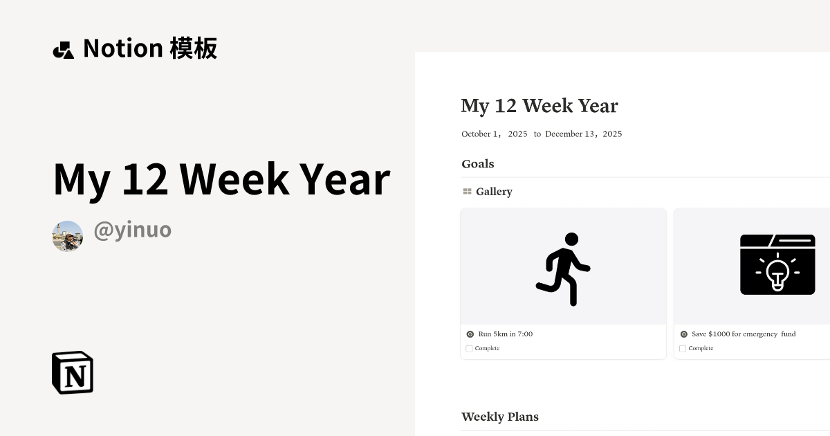 来自 一诺 的 My 12 Week Year 模板｜Notion市集