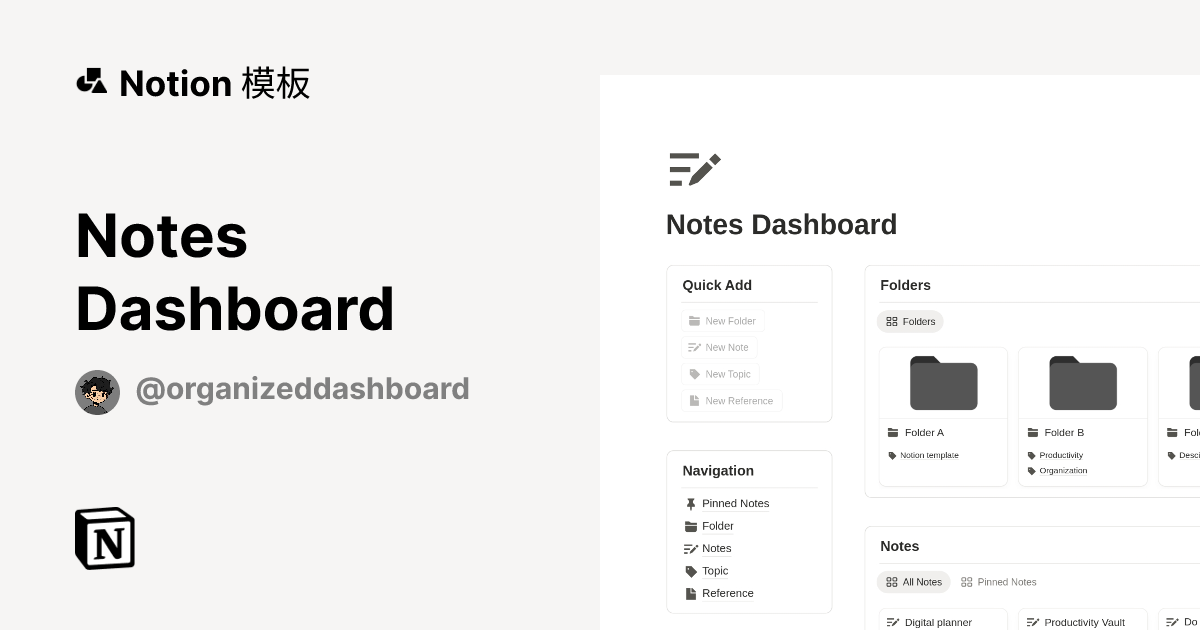 来自 organized dashboard 的 Notes Dashboard 模板｜Notion市集