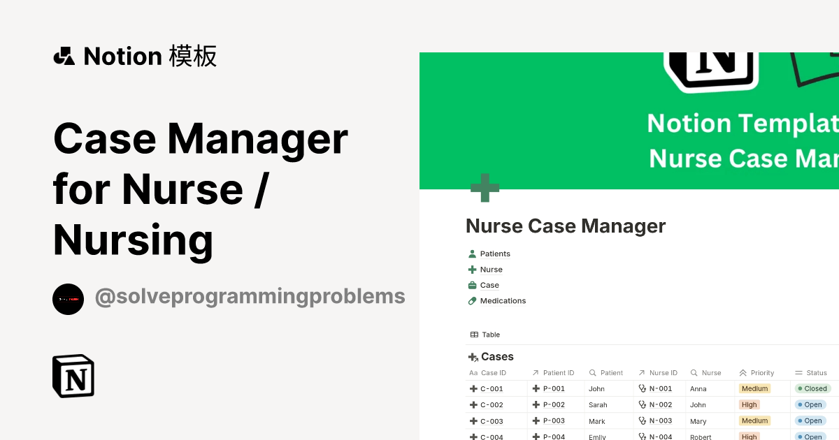 Case Manager for Nurse / Nursing 模板 | Notion 市集