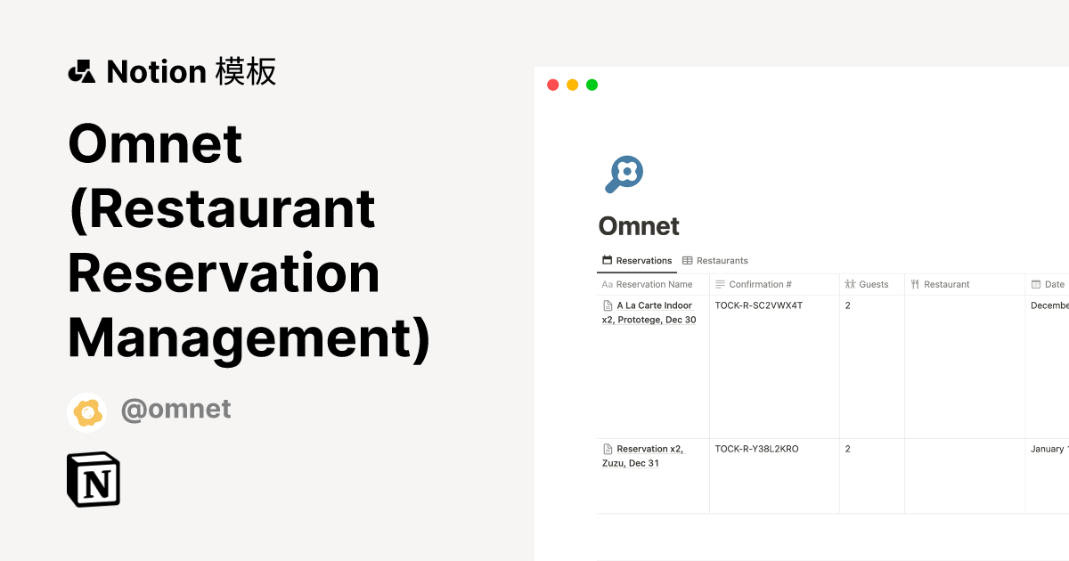 来自 Omnet 的 Omnet (Restaurant Reservation Management) 模板｜Notion市集