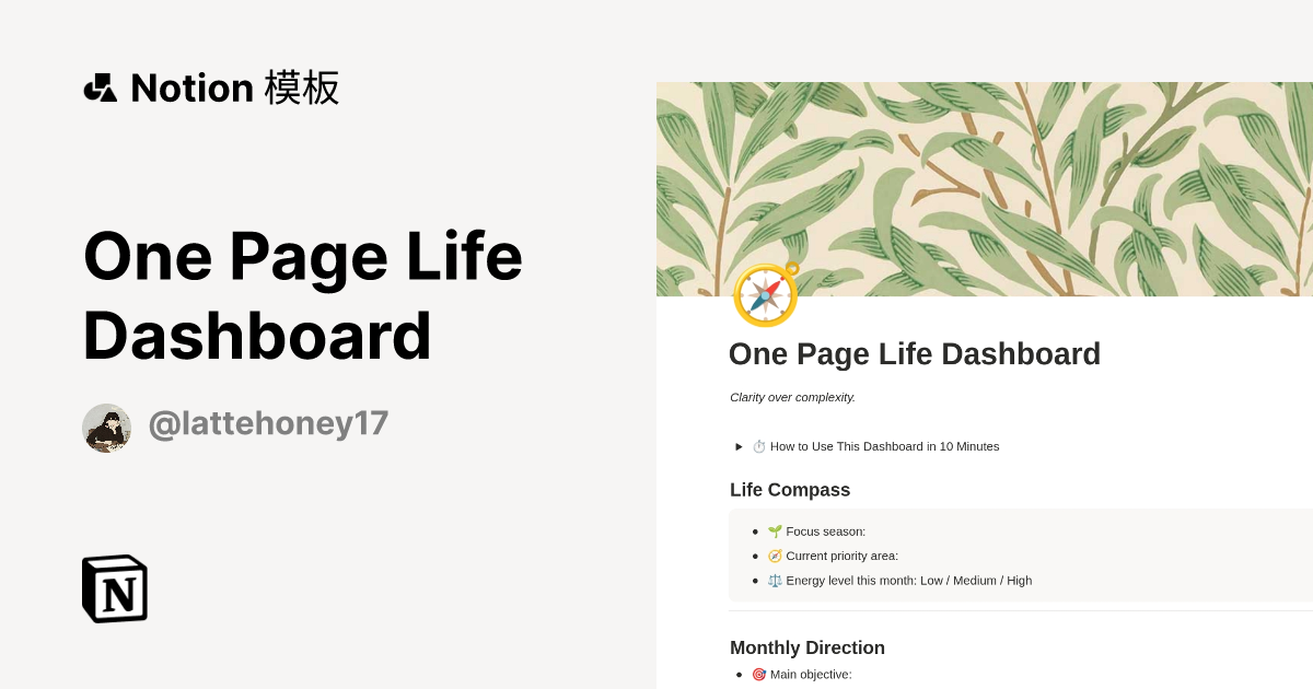 来自 LatteHoney (Renata) 的 One Page Life Dashboard 模板｜Notion市集