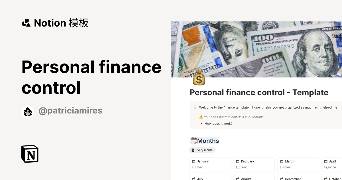 来自 Patricia Mires 的 Personal finance control 模板｜Notion市集