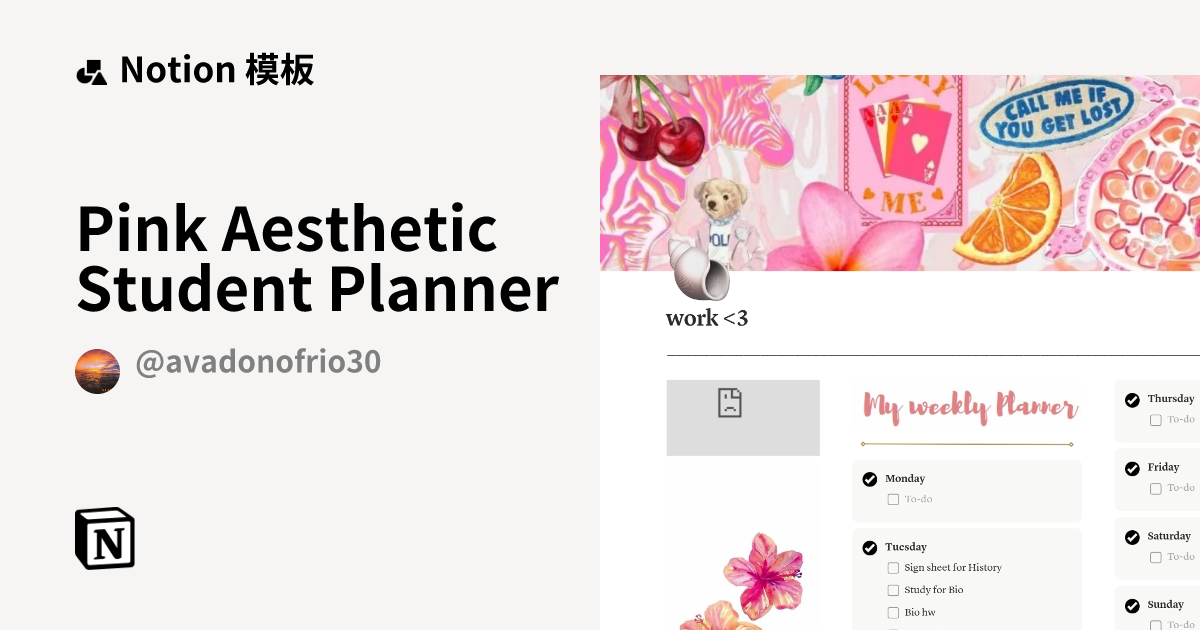 来自 Ava D'Onofrio 的 Pink Aesthetic Student Planner 模板｜Notion市集