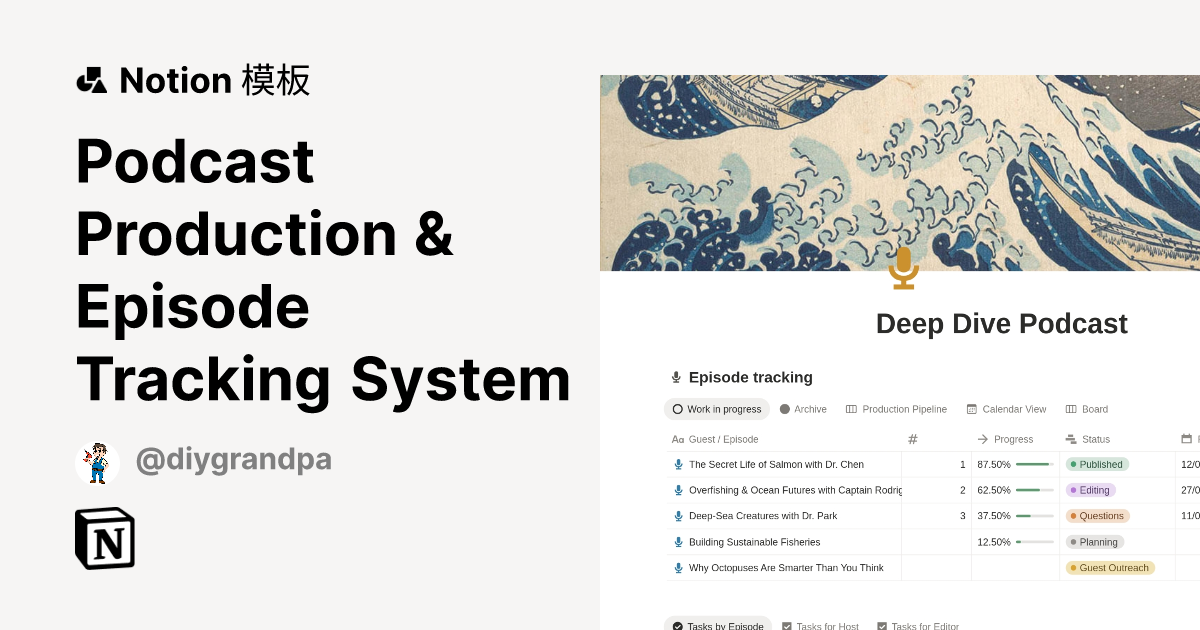 来自 DIYgrandpa 的 Podcast Production & Episode Tracking System 模板｜Notion市集