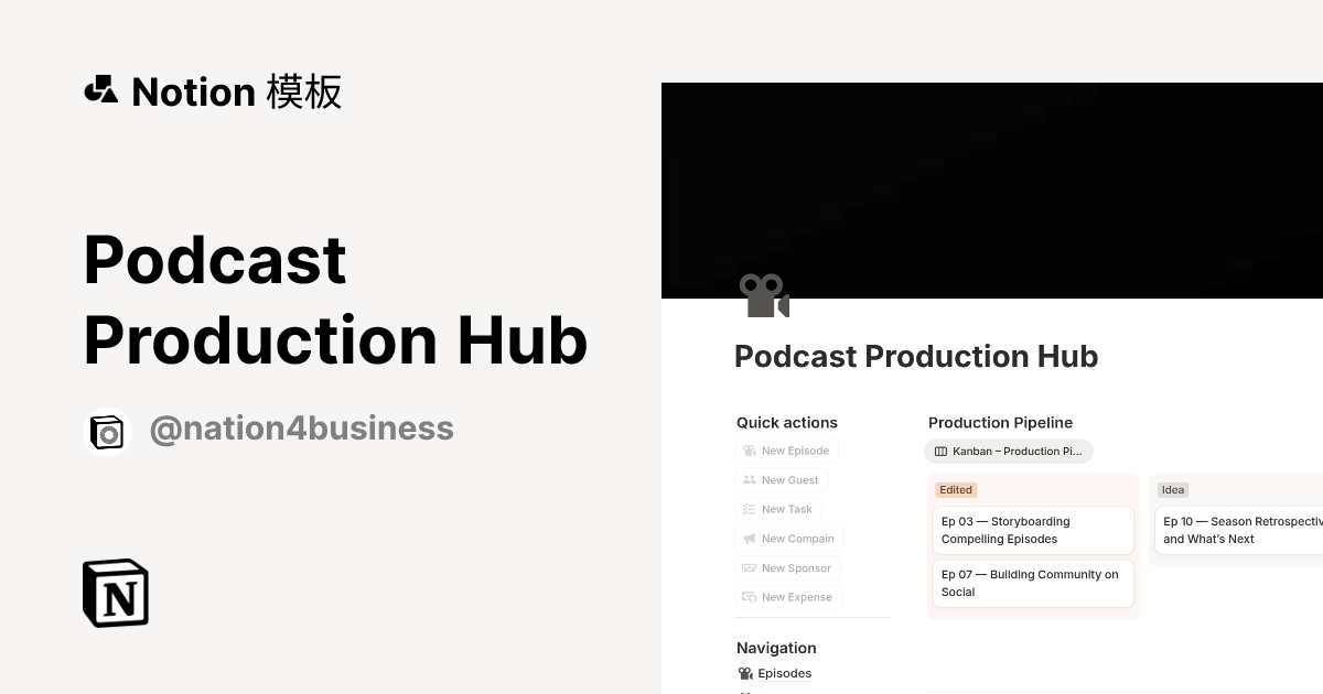 来自 Nation4Business 的 Podcast Production Hub 模板｜Notion市集