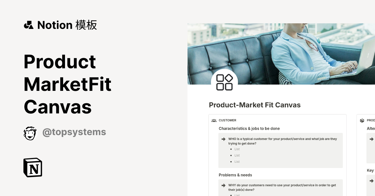 来自 TopSystems.io 的 Product MarketFit Canvas 模板｜Notion市集