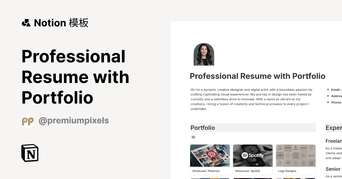 来自 Premium Pixels 的 Professional Resume with Portfolio 模板｜Notion市集