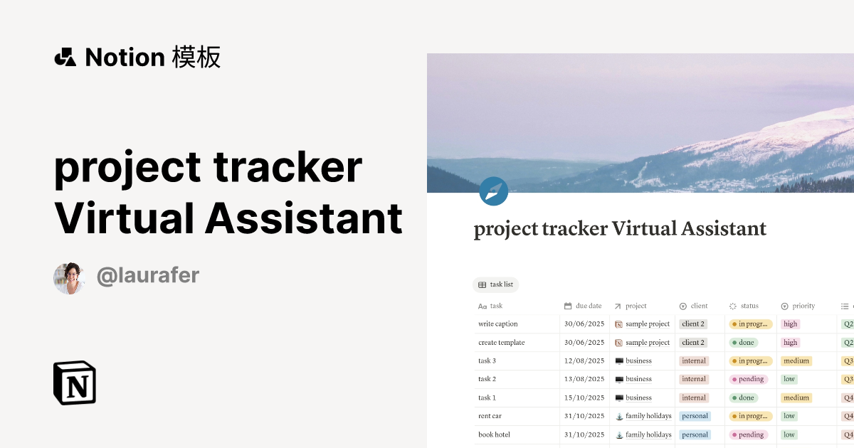 project tracker Virtual Assistant 模板 | Notion 市集
