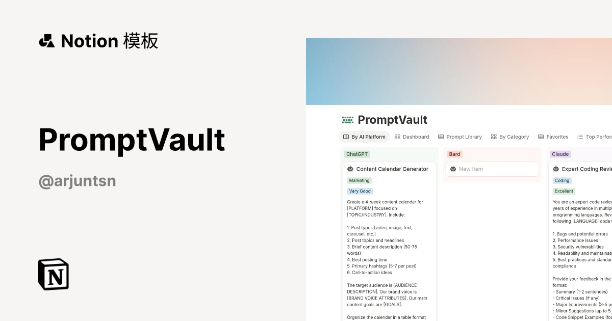 来自 Nagaarjun 的 PromptVault 模板｜Notion市集