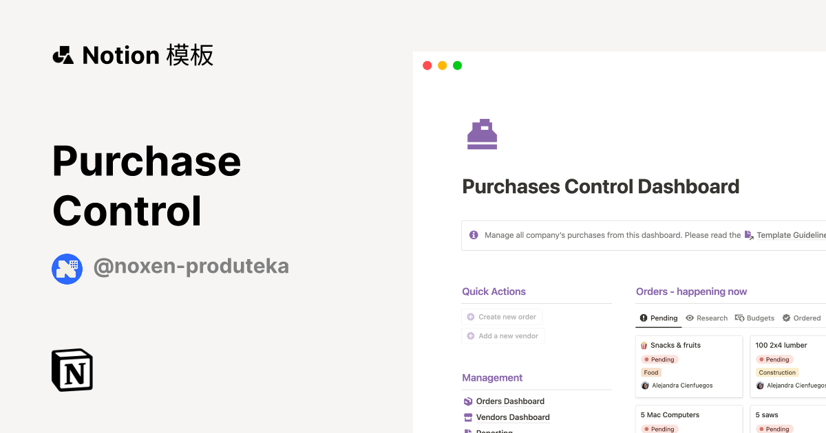 来自 Noxen + Produteka 的 Purchase Control 模板｜Notion市集