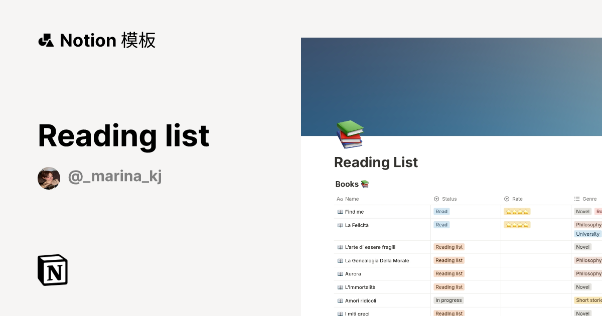 来自 Marina 的 Reading list 模板｜Notion市集
